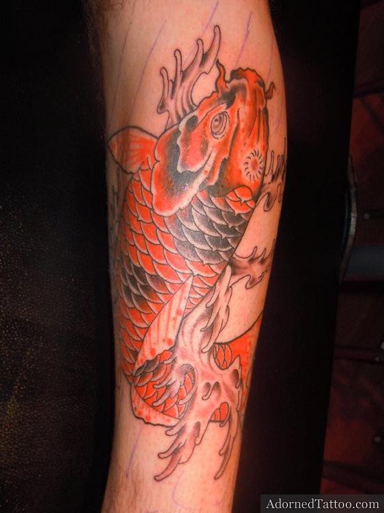 Koi on Calf Japanese Tattoo | Adorned Tattoo